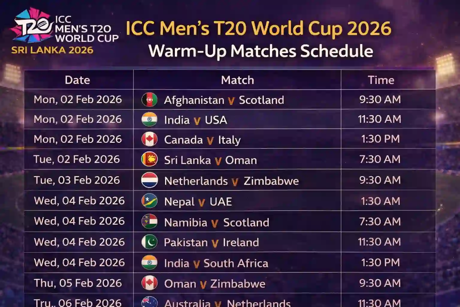 ICC T20 World Cup 2026 Warm-Up Matches Schedule